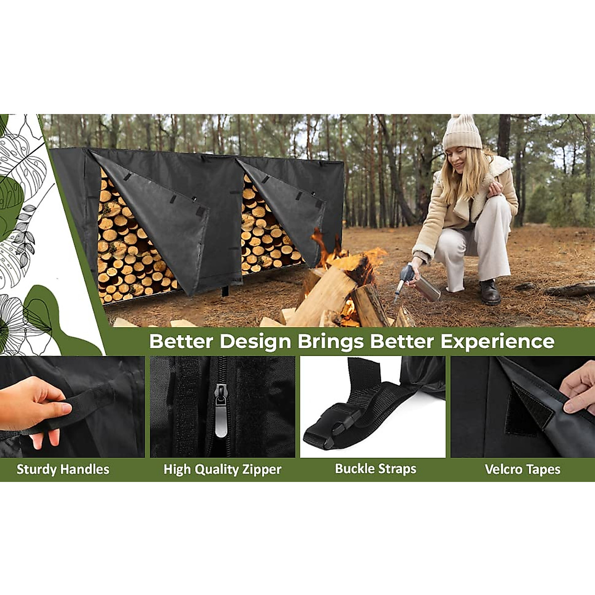 Gardeny Firewood Rack Cover 8 Feet, Waterproof Log Rack 600D Oxford Fabric Cover, Heavy Duty Wood Rack Covering, All Weather Protection, Wood Holder Cover Woodpile Shelter, For Indoor & Outdoor Black