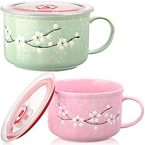SEEWEY 2 Pcs Floral Ceramic Bowl with Lid and Handle 30 oz Soup Bowls Heat Preservation Instant Noodles Mug Soup Cup Microwavable Bowls for Ramen Noodle Cereal Travel