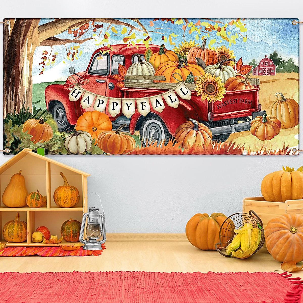 Preboun Fall Thanksgiving Garage Door Banner 6 x 13ft Extra Large Red Car Pattern Happy Fall Garage Door Decorations Backdrop with String Pumpkins Garage Door Cover for Outside Party Wall Window Yard