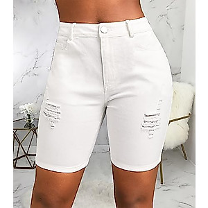 Jdkmera Women's Ripped Denim Shorts High Waisted Folded Hem Summer Casual Stretchy Short Jeans