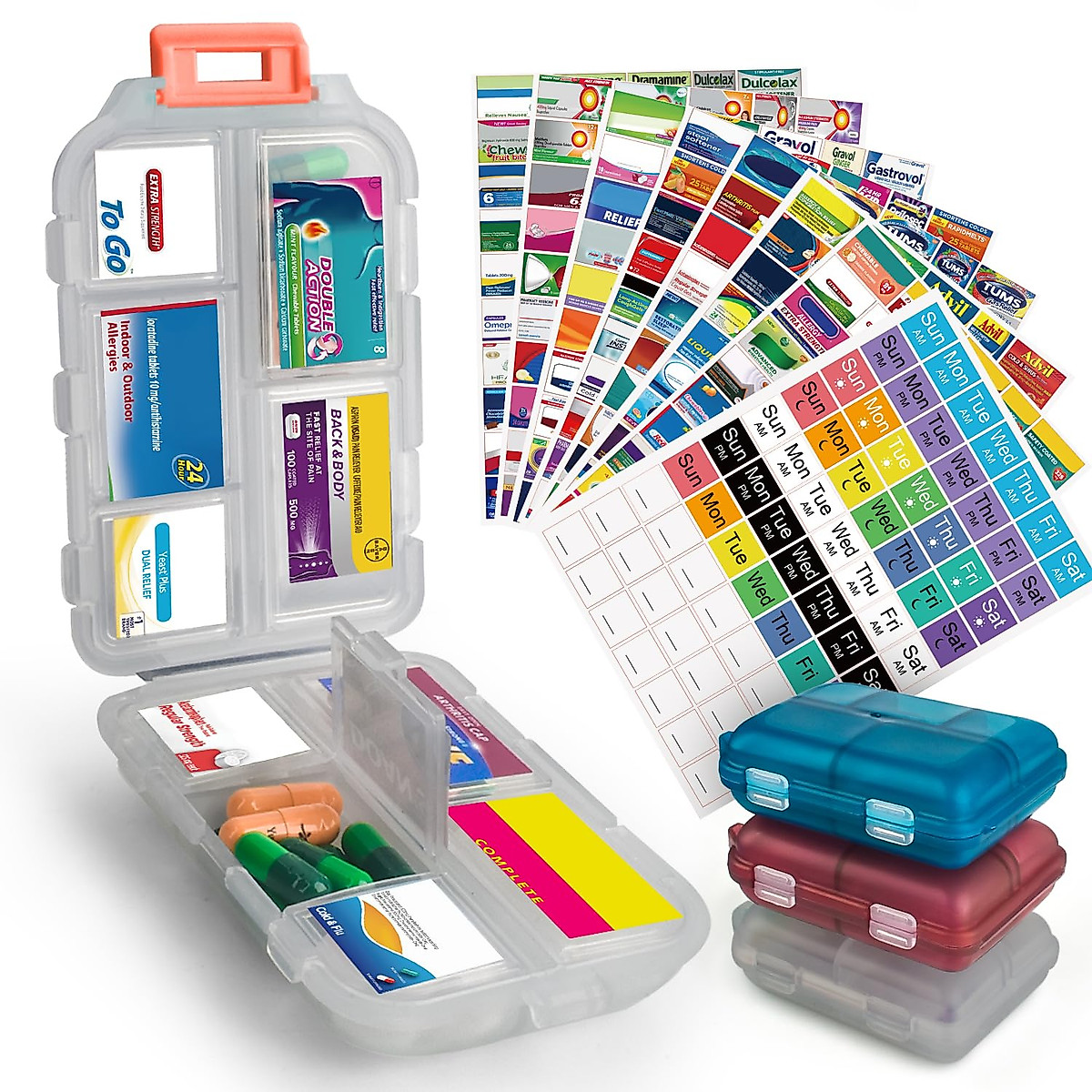 3 Pcs DIY Travel Pill Organizer with Labels Pocket Pharmacy, 3 Pill Box & 420 Medicine Labels, Portable Travel Essentials Mini Pill Container 7 Day Pill Case Storage Vitamin Fish Oil (Set B)