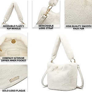 Like Dreams Women's Furry Soft Faux Fur Hobo Top Handle Crossbody Bag Vegan Leather Strap Bucket Satchel Handbag (Ivory)