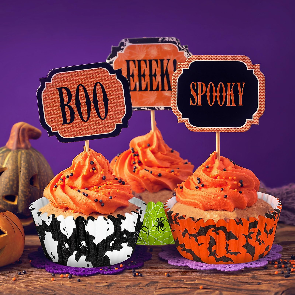 Whaline 600Pcs Halloween Cupcake Liners Pumpkin Witch Legs Bats Ghosts Spiders Skulls Cupcake Wrappers Baking Cups Holders Muffin Baking Liners for Halloween Party Supply
