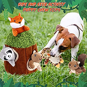 7 Pieces Dog Squeaky Toys Squeaky Hide and Seek Activity Puppy Chew Toys Plush Dog Toy Plush Stuffing Woodland Friends Burrow Stuffing with Squeakers for Small Medium Dogs Puppy Pets (Cute,Small)