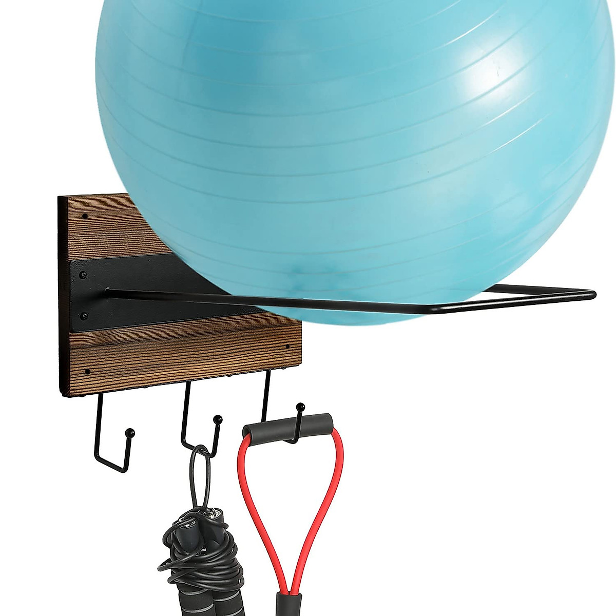 MyGift Wall Mounted Exercise Ball Storage Rack with 3 Bottom Hooks, Rustic Solid Burnt Wood and Matte Black Metal Hanging Yoga Gym Equipment Organizer Holder