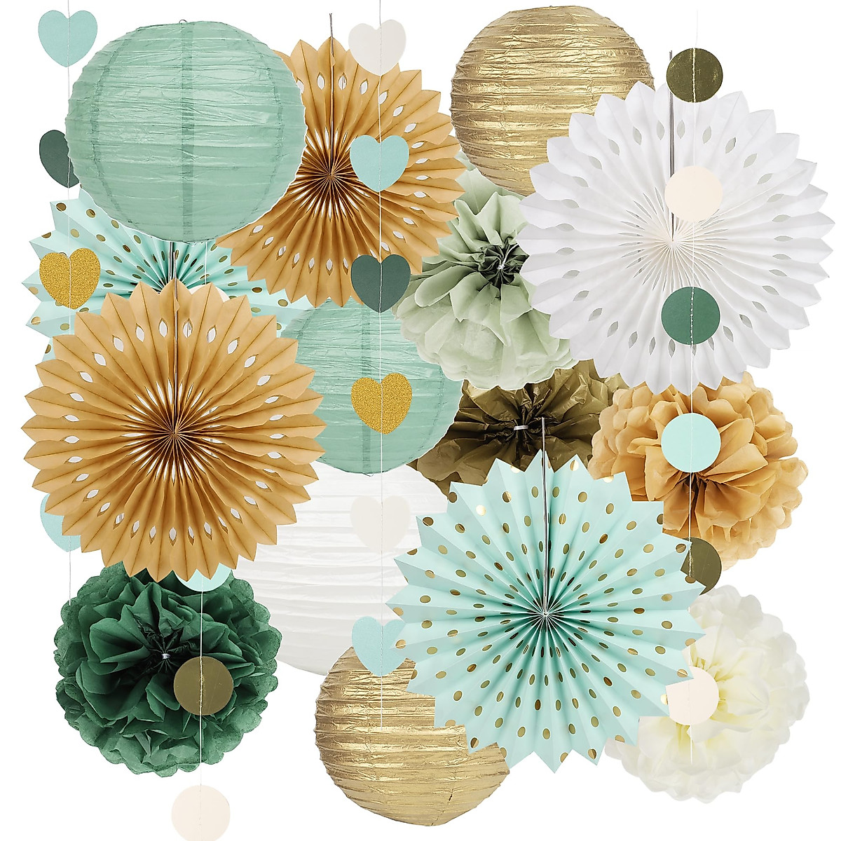 18 PCS Sage Green Party Decorations Sage Green Paper Fans Lanterns Sage and Gold Tissue Paper Pom Poms with Heart and Dot Hanging Garlands for Bridal Baby Shower Wedding Birthday Party Decorations