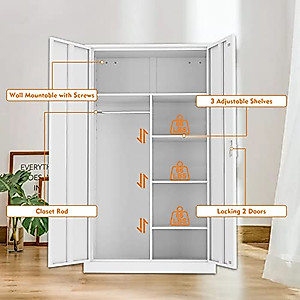 MIIIKO Steel Wardrobe, 72" Combination Storage Cabinet with Clothes Rod and 4 Shelves Organizer Storage, 2 Lockable Doors, for Office Home, Garage, Laundry Room