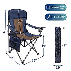 AsterOutdoor Camping Folding Chair Padded Quad Arm Chair with Large Cup Holders, Side Organizer & Back Pocket for Outdoor, Camp, Indoor, Patio, Fishing, Supports 350lbs