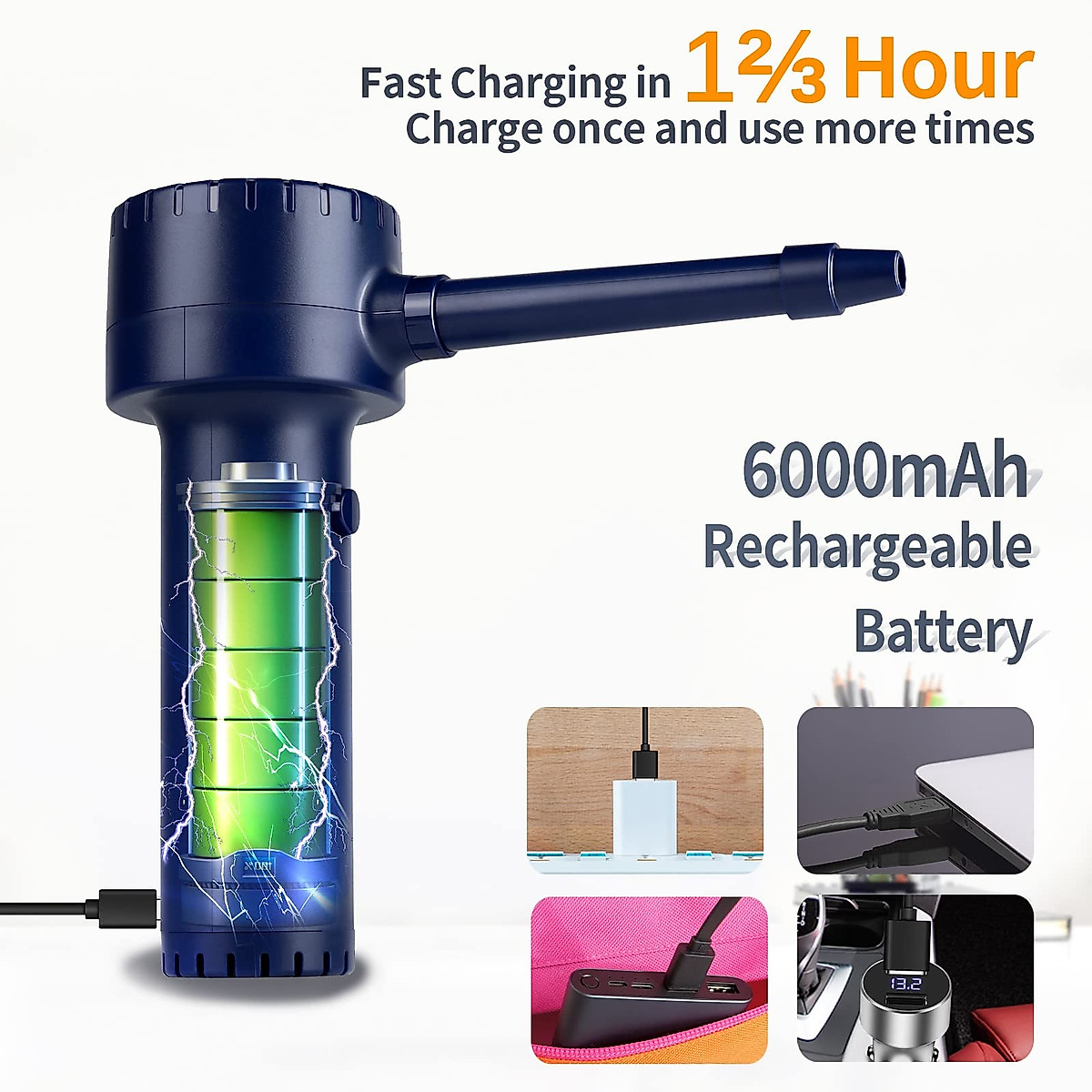 Air Duster Compressed Air, 40000 RPM Powerful Air Duster, Canned Air Duster for Computers, Electronics Duster, Electric Air Can for Keyboard, Cordless Dust Blower Rechargeable, 6000mAh Fast Charging