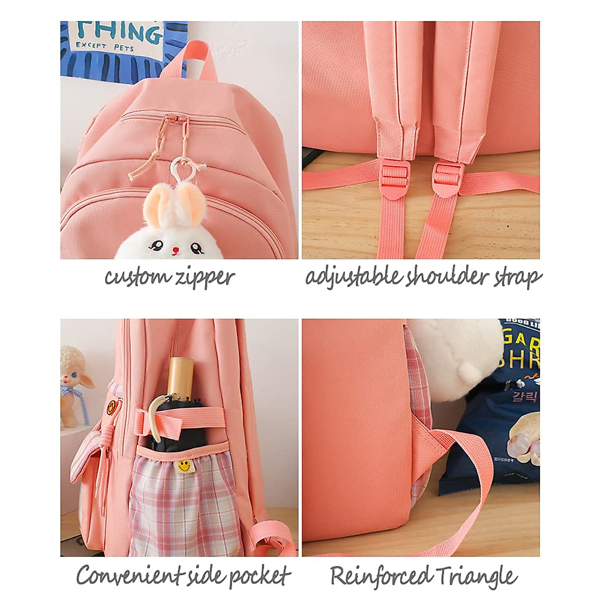 HCOOLE Kawaii Backpack 5Pcs Set with cute plush Pendants & Badge,19 gallon High capacity School Bag Cute Aesthetic Backpack