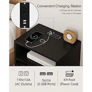 Masupu Nightstand with Charging Station,Mid-Century Modern Bedside Table with Storage Drawer and Open Wood Shelf,Small Gold Frame Side Table for Bedroom,Living Room(Black)