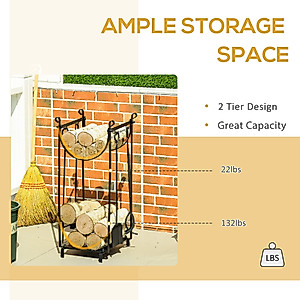 Outsunny Firewood Rack with Fireplace Tools, Indoor Outdoor Firewood Holder, 30.25" Tall Build with 2-Tiers for Fireplace, Wood Stove, Hearth or Fire Pit, Includes Poker, Tongs, Broom, Shovel, Black