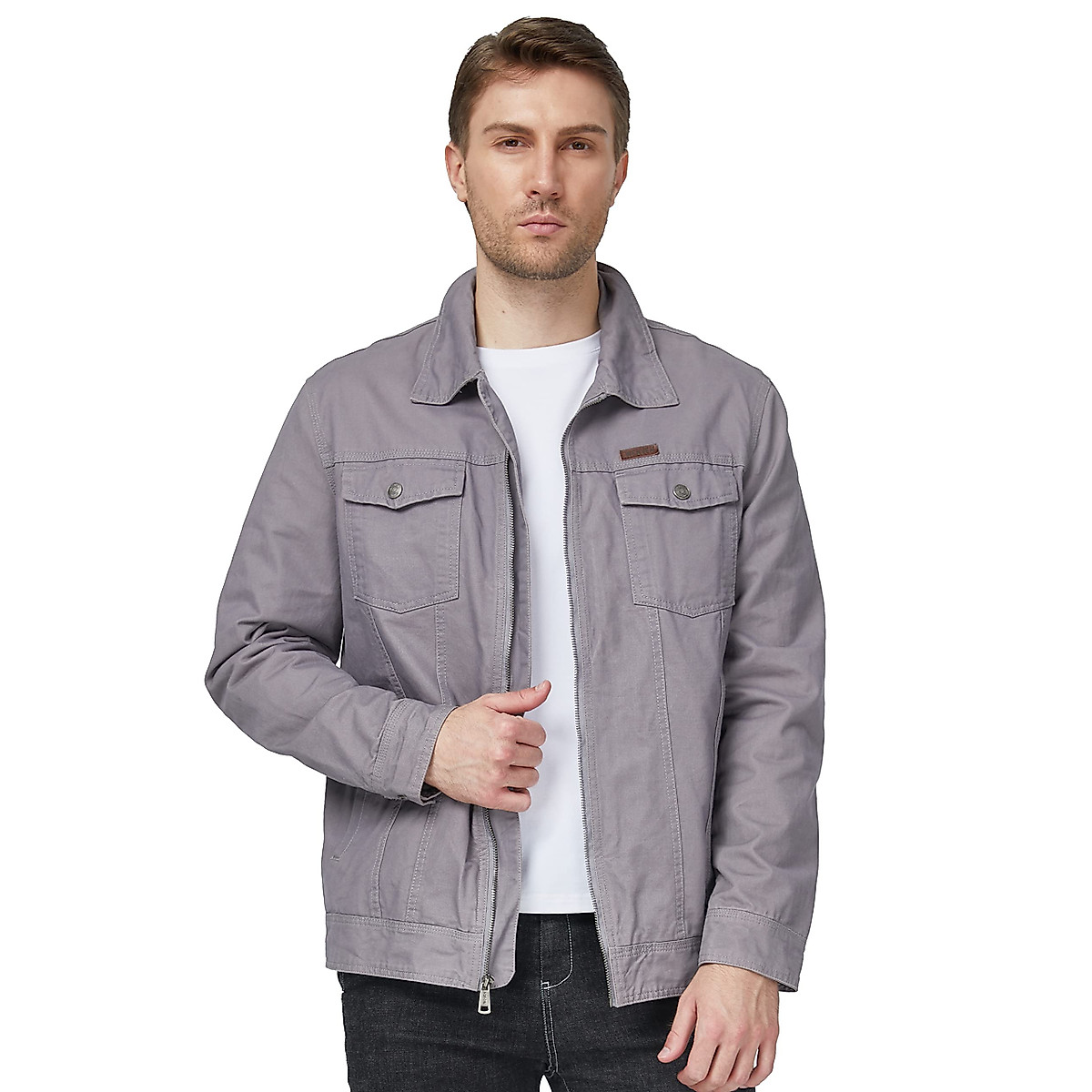 WenVen Men's Casual Canvas Cotton Military Utility Jacket (Light Grey,2XL)