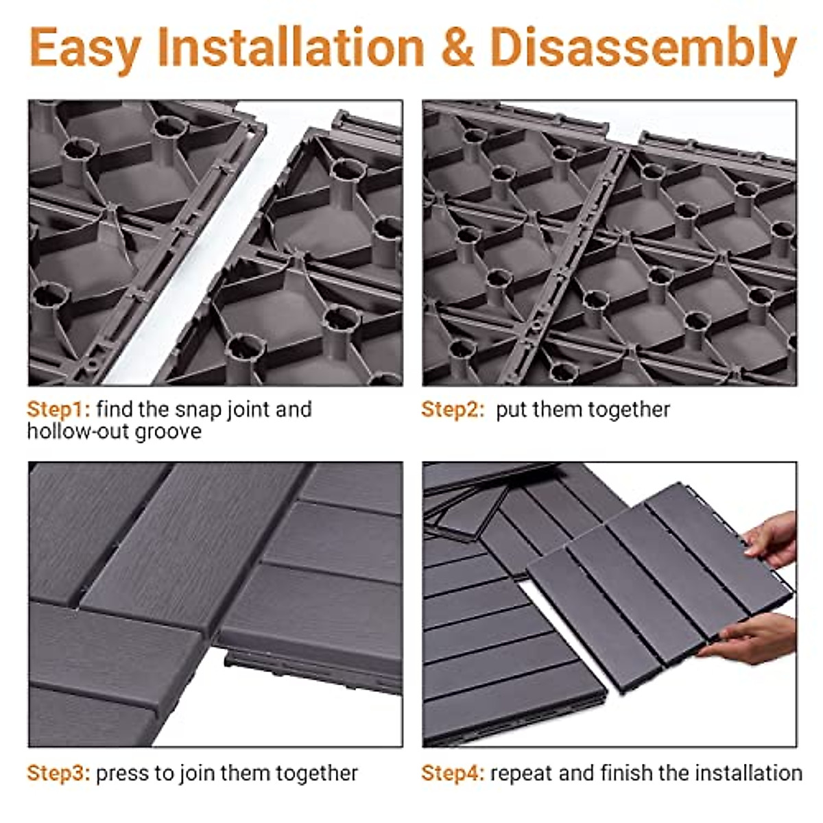 LYMJARD Interlocking Deck Tiles, 27 Pack Plastic Outdoor Flooring, 12"x12" Weatherproof Patio Tiles for Outside Balcony Garden Poolside Pathway Brownish Grey