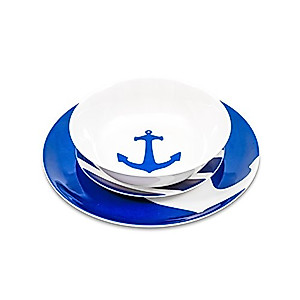 Camco Blue and White Nautical Design 12 Piece Dishware Set- Includes Marine Style Plates and Bowls | Perfect Boating, Sailing, Fishing, The Beach and More | Melamine Material -(41951)