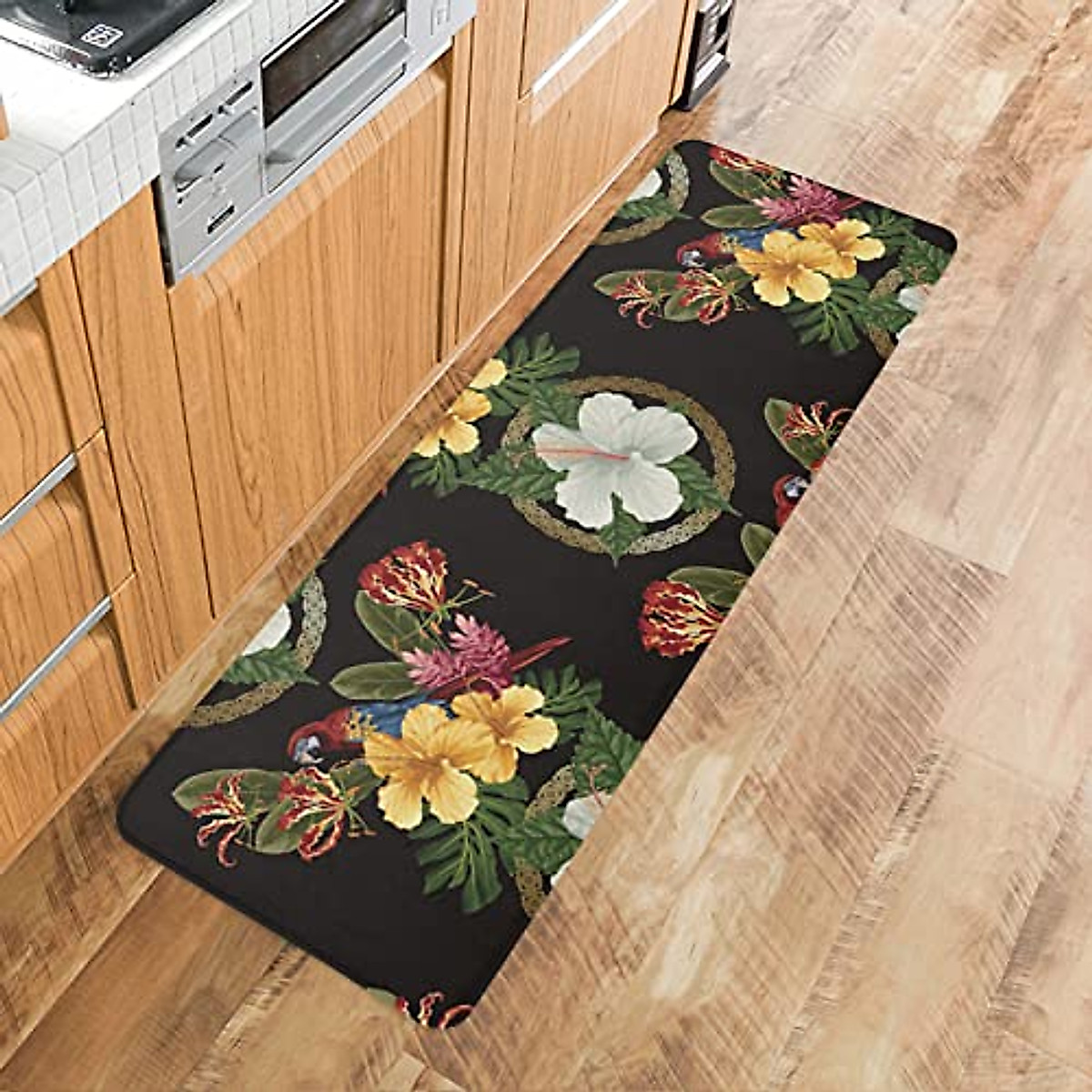 Libaoge Kitchen Mat Rug 1 PCS Tropical Plant Flowers Parrot Red Ginger Flower Hibiscus Runner Rug Anti-Fatigue Comfort Memory Foam Standing Mat Non-Slip Floor Door Mat for Bathroom Bedroom 24x71in