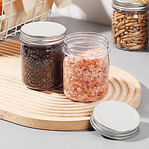 OMNISAFE 8 Ounce Clear Plastic Mason Jars With Screw On Lid, Reusable Empty Jars for Food Storage, Round BPA Free Containers for Sealing, Dry Food, Snacks, Candies, Breakage-proof, (Silver - 32 Pack)