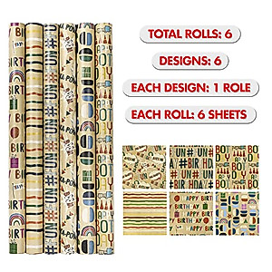 Packanewly Brithday Kraft Wrapping Paper Sheet - 6 Sheets Different Design Reversible Gift Brown Wrap Paper - 17.5 x 30 inches per Sheet