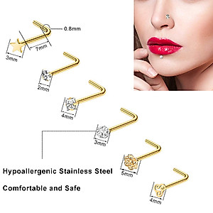 ONESING 40 PCS 20G Nose Rings/Nose Piercings Jewelry, Gold, Hoops L Shape Studs Screw 316L Surgical Stainless Steel for Men Women
