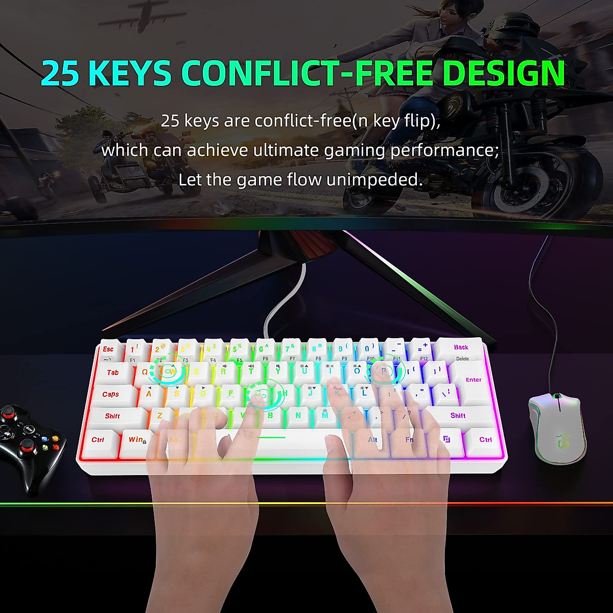Snpurdiri 60% Wired Gaming Keyboard, 61 Keys RGB Backlit Wrist Rest Ultra-Compact Mini Waterproof Keyboard for PC Computer Gamer (White)