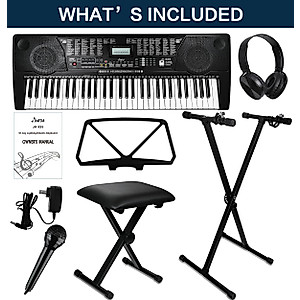 61 Key Portable Electronic Keyboard Piano w/Lighted Full Size Keys, LCD, Headphones, X-Stand, Stool, Music Rest, Microphone, Note Stickers, Built-In Speakers,3 Teaching Modes