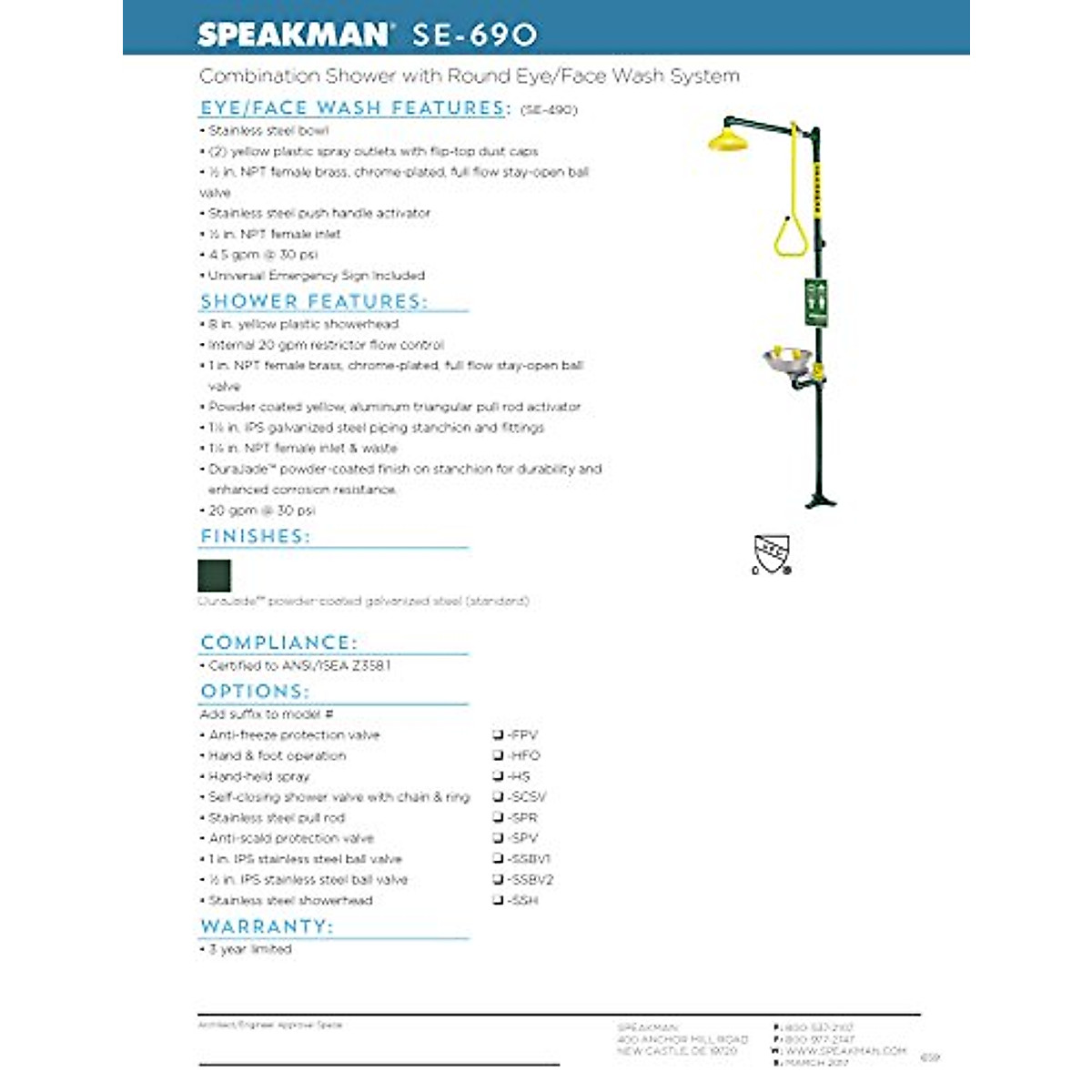 Speakman SE-690 Combination Shower with Round Eye/Face Wash Station, DuraJade Powder-Coat