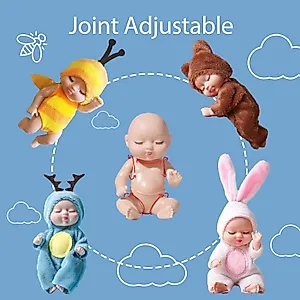 Carreuty Mini Reborn Baby Doll 8 Pcs 4 Inch Tiny Slepping Baby Washable PVC Material Realistic Baby Doll with Animal Clothes and Hat with 2 Milk Bottle for Girls and Boys