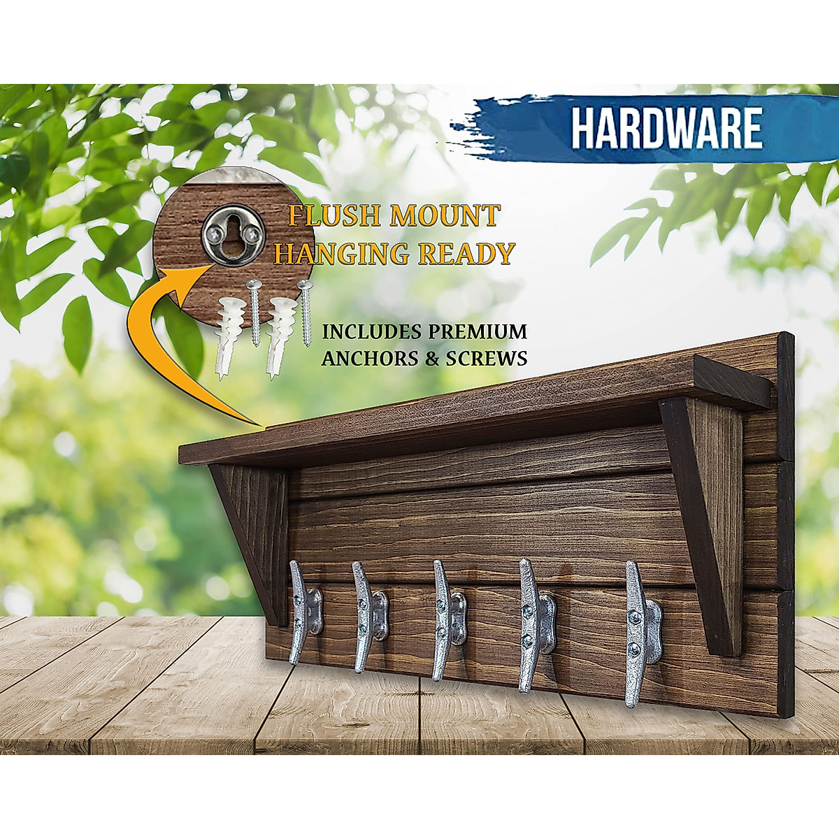 Wildwood Rustic Wall Mounted Boat Cleat Coat Rack with Shelf - Entryway Shelf Perfect Touch for Your Entryway, Kitchen, Bathroom and More