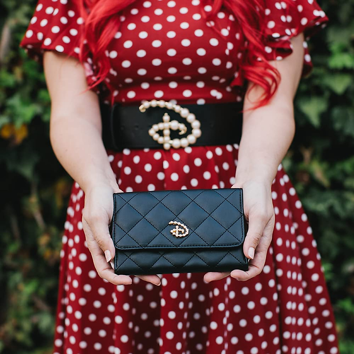 Disney Wallet, Foldover, Disney Signature D Logo Faux Pearl Gold, Black Vegan Leather