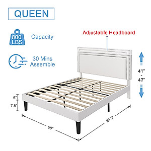 VECELO Queen Size Platform Bed Frame with Height Adjustable Upholstered Headboard, Modern Mattress Foundation,Strong Wood Slat Support, No Box Spring Needed, Easy Assembly