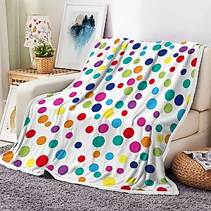 Clolrful Polka Dots Rainbow Throw Blankets, White Modern Geometric Soft Cozy Flannel Warm Blanket for Bedroom Living Room Home, Plush Throw Blanket Camping Travel Couch Sofa Kids, 50 x 60