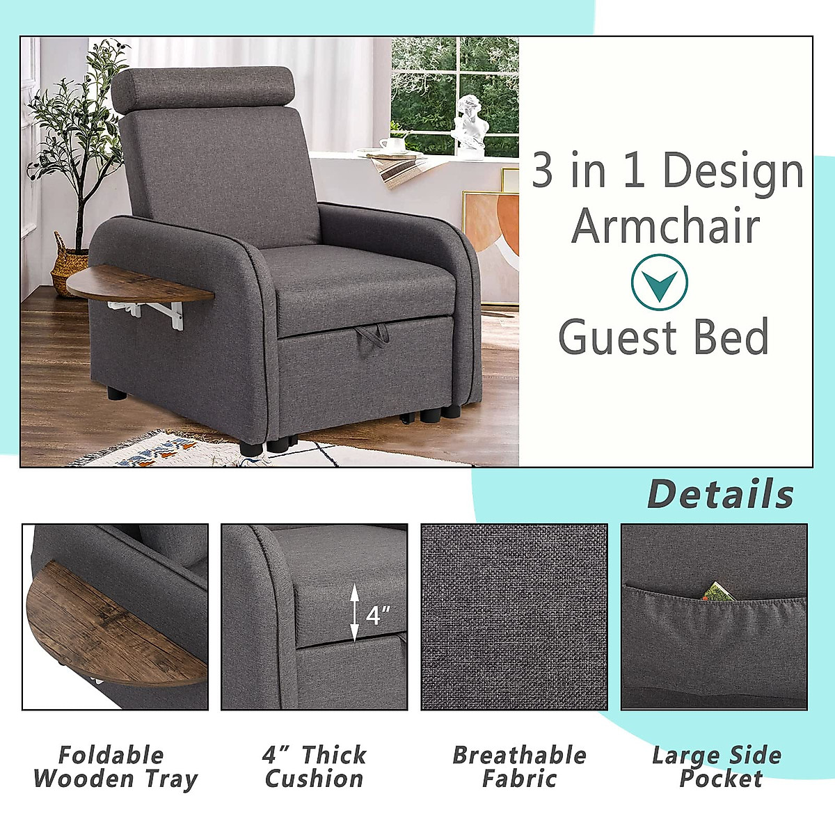IPKIG Convertible Chair Sleeper Bed, Pull Out Sleeper Chair Armchair Bed with Foldable Wooden Tray, Linen Fabric and Wooden Frame Armchair for Small Space Living Room (Dark Grey)