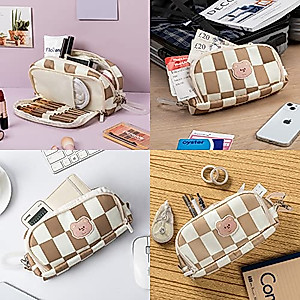 Joyask Large Capacity Canvas Pouch Storage Bag with Removable Spring Strap Checkerboard Plaid for Office Work Art (Brown White Plaid)