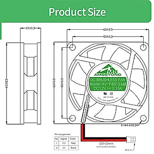60mm by 60mm by 15mm 6015 12V DC 0.10A Ball Bearing Brushless Cooling Fan 2pin AV-F6015MB UL TUV