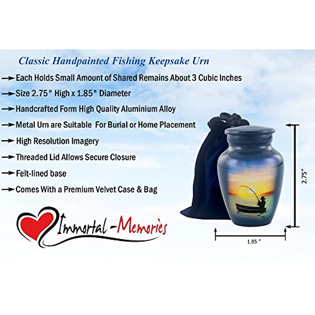 Immortal Memories Fishing Keepsake Urn - Keeksake Cremation for Ashes Token Hand Painted Mini Memorial Sharing with Velvet Case & Bag (Keepsake), Sky Blue