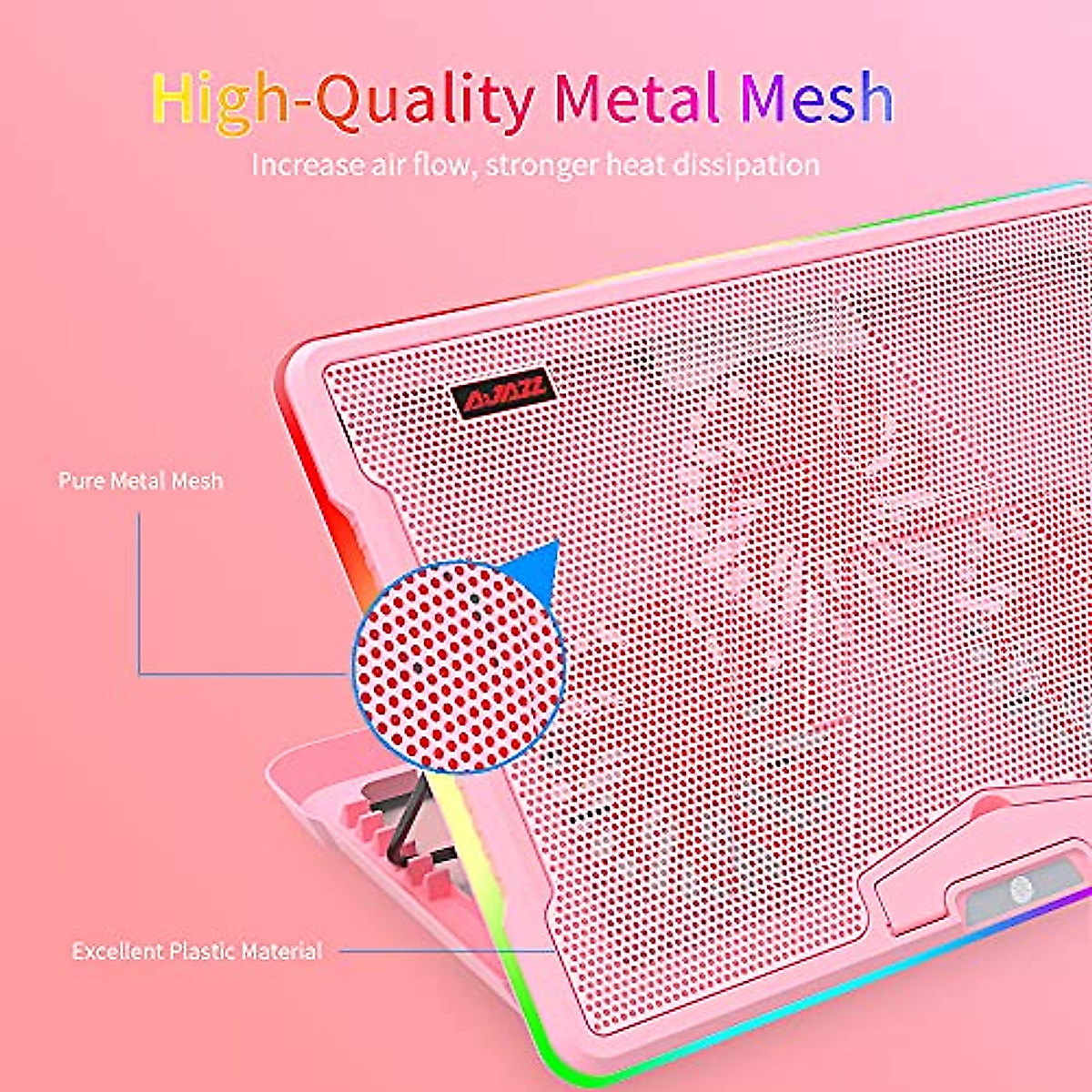 NACODEX Pink RGB Laptop Cooling Pad with 3 Quiet LED Fans and Touch Control for 15.6"-17" Laptop, Adjustable Comfortable Height Portable Cooler, Durable Pure Metal Panel (Pink)