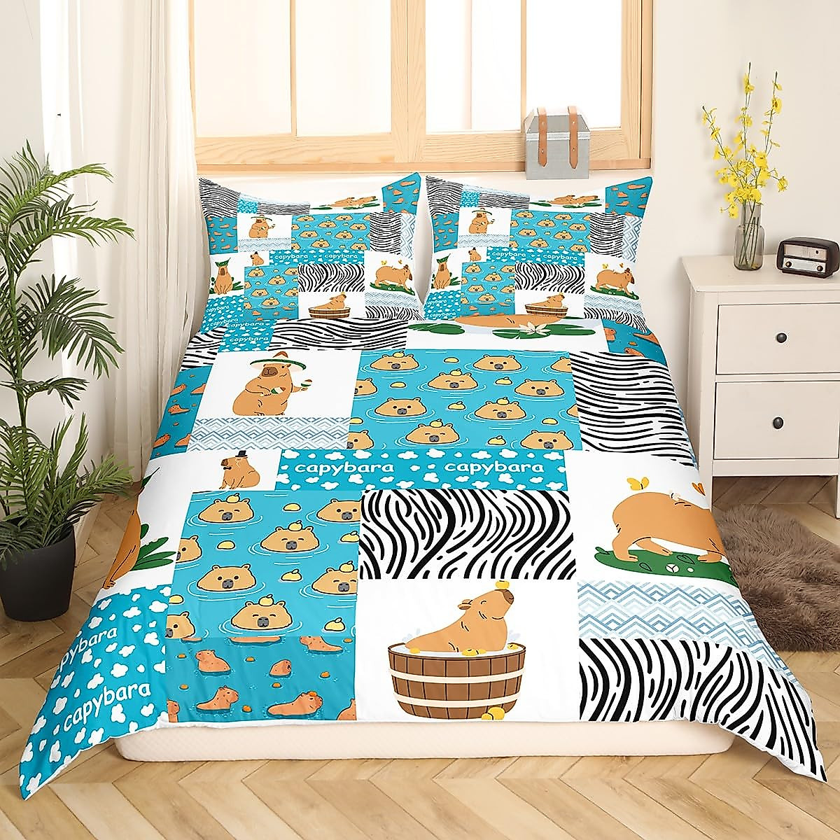 Kawaii Capybara Comforter Cover Cartoon Animal Bed Set, Blue Plaid Checkered Duvet Cover Queen Size Cute Cow Printed Bedding Sets, Lovely Zebra Print Bedspread Cover Breathable for All Seasons