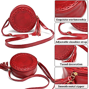 JOSEKO Women Crossbody Bags, PU Leather Zipper Shoulder Bag Round Cell Phone Purse with Tassel Red 7.48''(L) x 7.48''(W) x 2.75''(H)