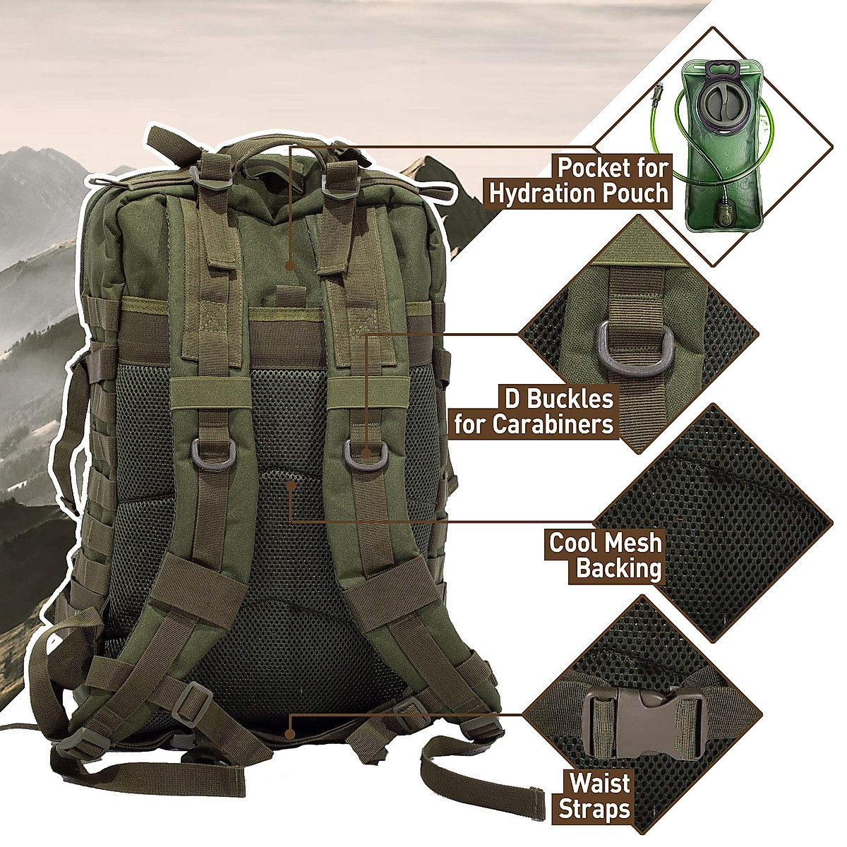 Bug Out Bag Backpack - 50L Tactical Backpack - Great for Survival Essentials (Tan)
