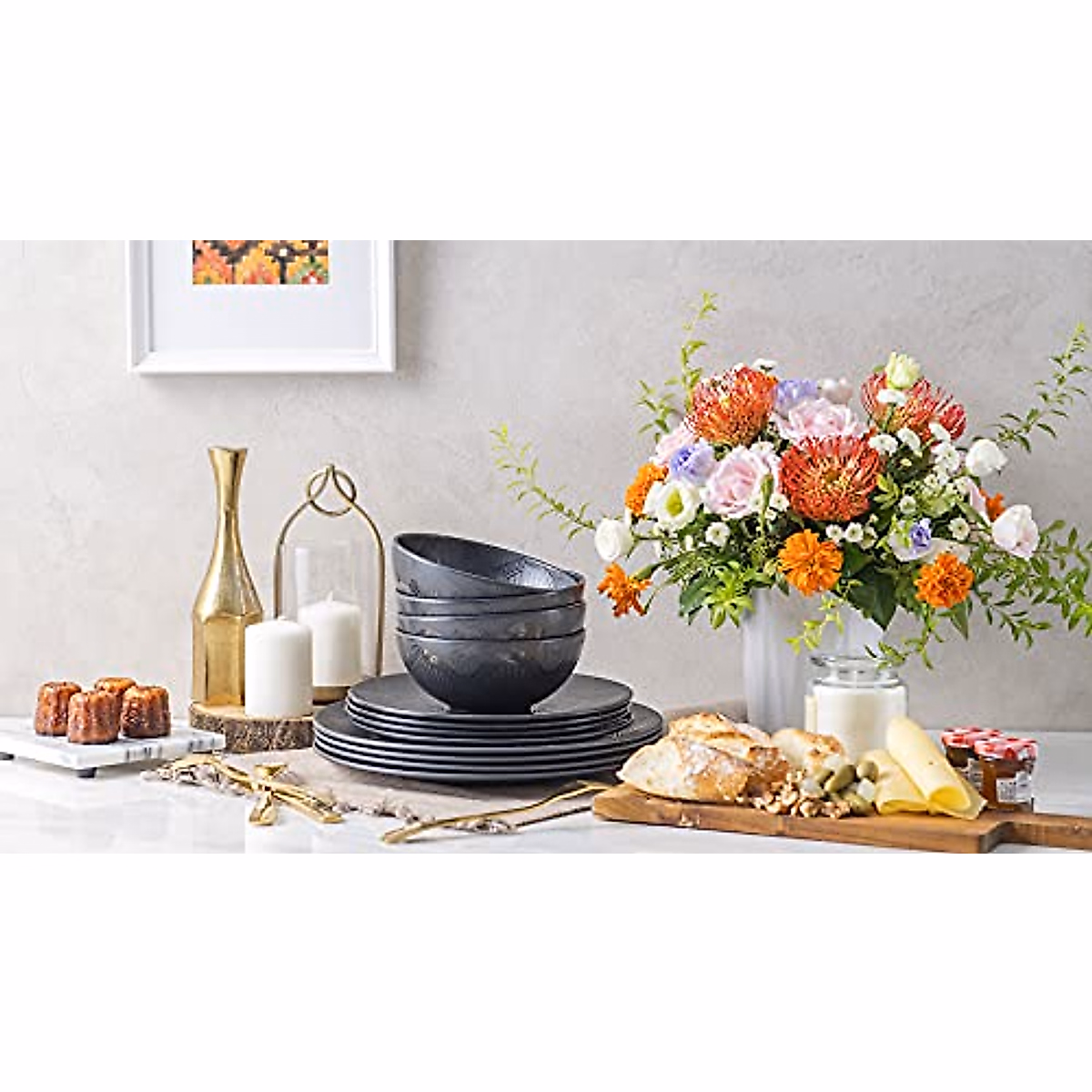 bzyoo BPA-Free Dishwasher Safe 100% Melamine Plastic Plate & Bowl Set Casual dining Indoor and Outdoor Dining Party Environmental Friendly (12 PCS set, Service for 4, La la Mandala -black)