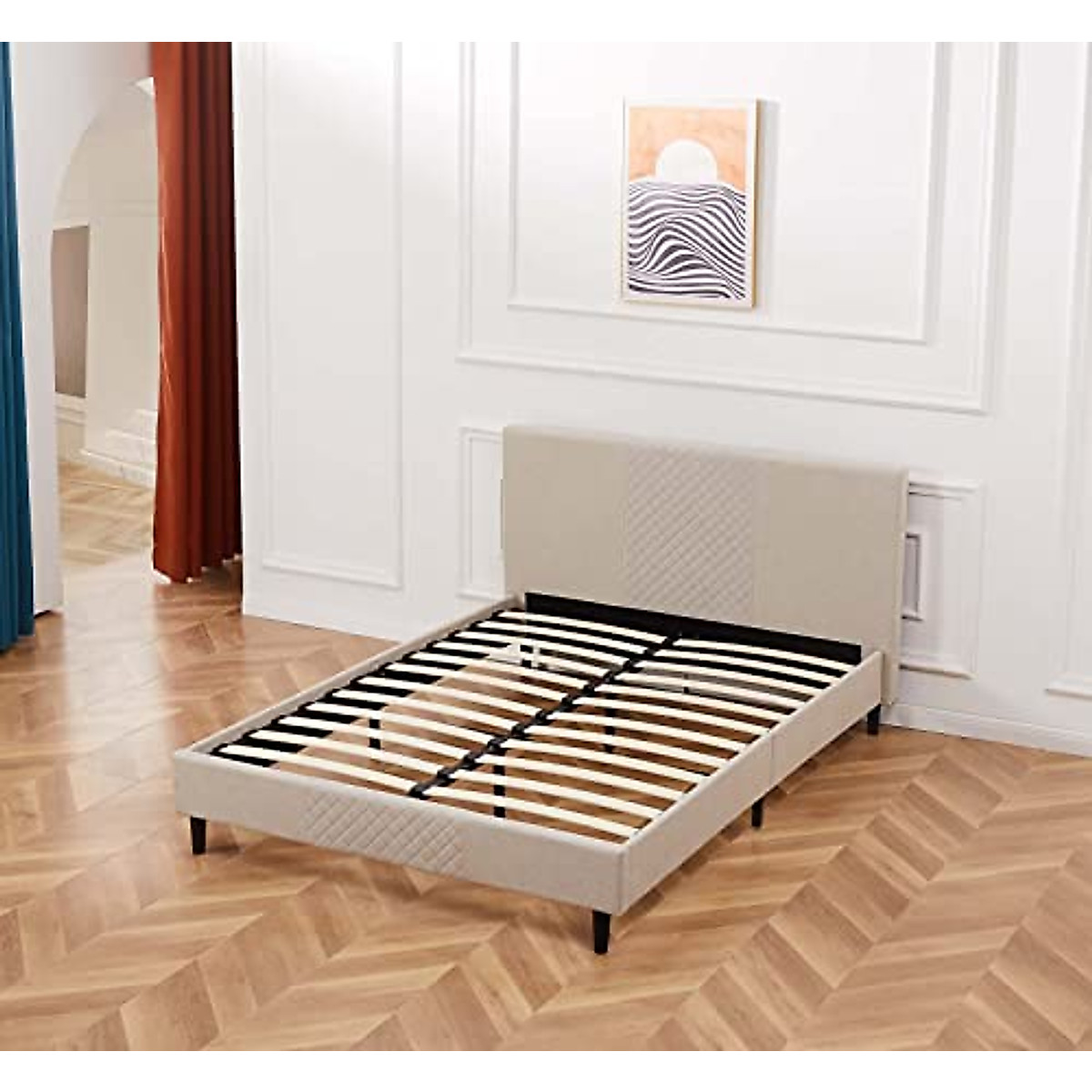 King Size Upholstered Platform Bed Frame with Tufted Headboard, Mattress Foundation for Boys Girls Teens Adults, No Box Spring Needed, Under Bed Storage (Beige, King)