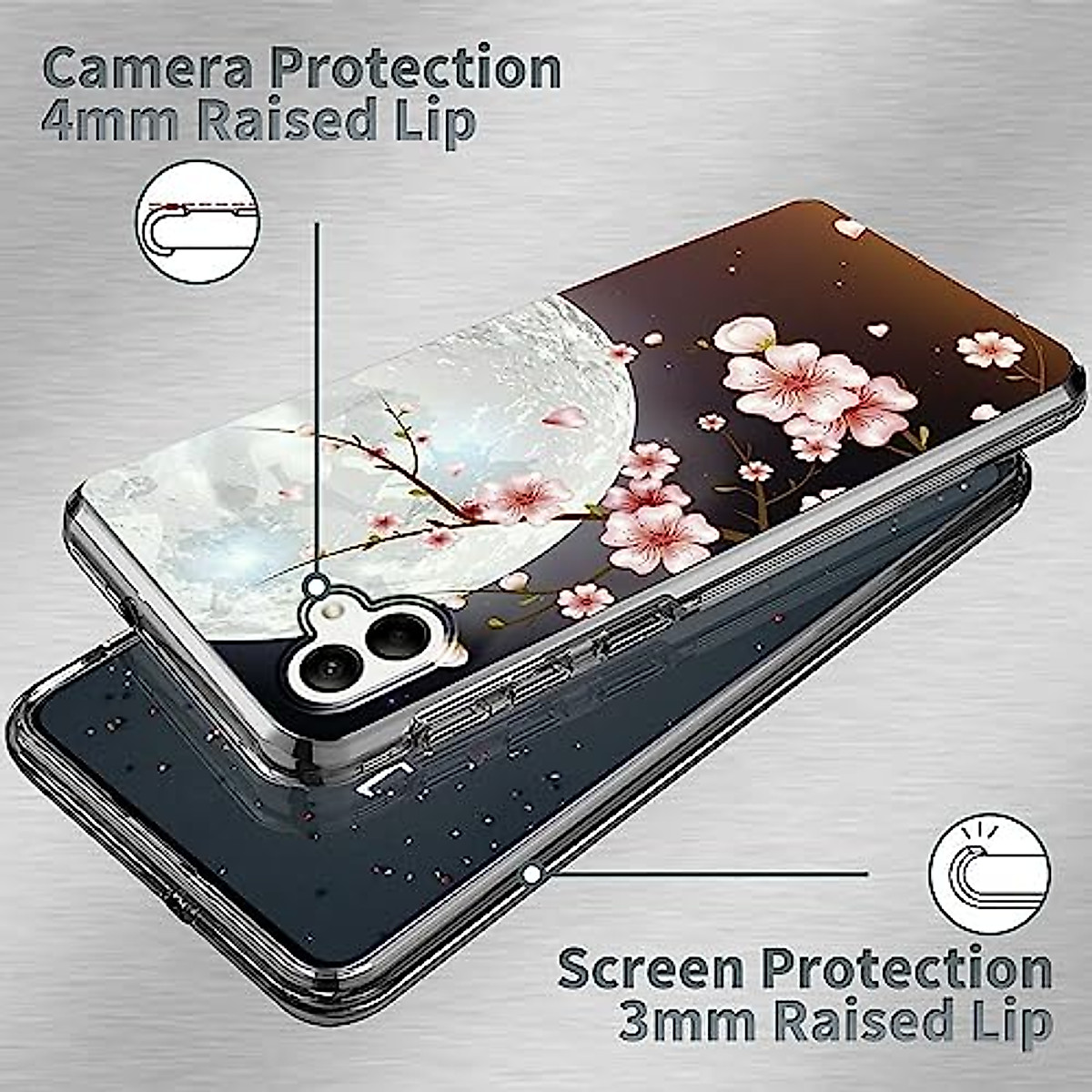 SROJDHFJB Phone Case for Samsung Galaxy A04 4G, Clear Cover for Galaxy A04 4G Dual Layer Soft Rubber Shockproof Bumper Anti-Scratch Hard PC Back, Girls Shell with Moon Sakura Dsigned