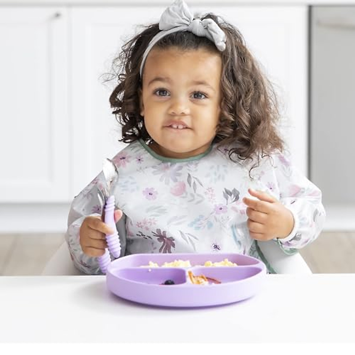 Bumkins Bibs for Girl or Boy, Long Sleeved Bib for Baby and Toddler 6-24 Months, Essential Must Have for Eating, Feeding Set, Splat Mat for Floors Under High Chair, Mess Saving Fabric, Floral Gray