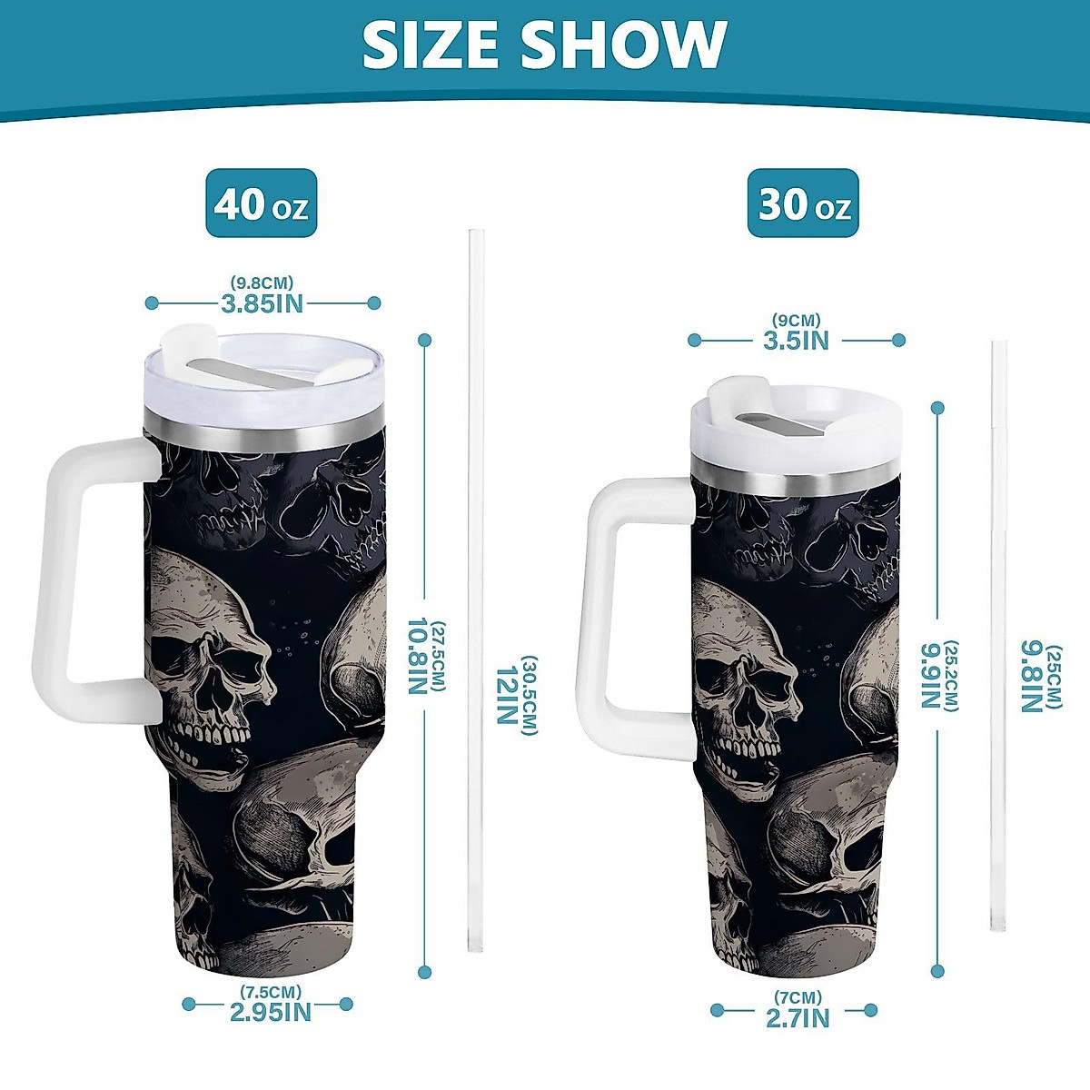 Nesatuwa 40 oz Gray Skull Tumbler with Handle and Straw Lid,Reusable Stainless Steel Vacuum Insulated Tumbler Leakproof Travel Coffee Mug for Iced and Hot Beverages