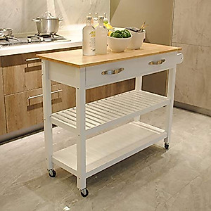 Livavege Kitchen Island Cart with Storage, 45" Rolling Cart Kitchen Islands Side Table on Wheels with Large Worktop, 2 Storage Drawers, Open Shelves and Towel Rack for Home Dining Room Living Room