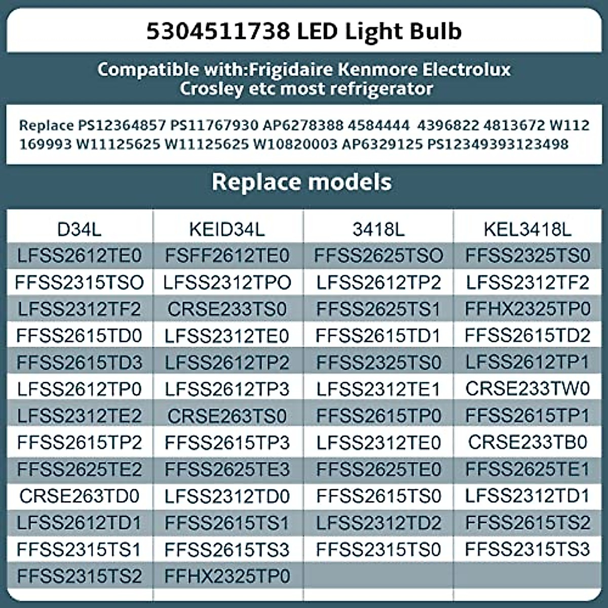 Kei D34L Refrigerator Bulb for Frigidaire Refrigerator Light Bulb 5304511738 Replacement Frigidaire Refrigerator Bulb AP6278388 PS12364857 4584444 (3.5w 110V-240V)-2 Pack