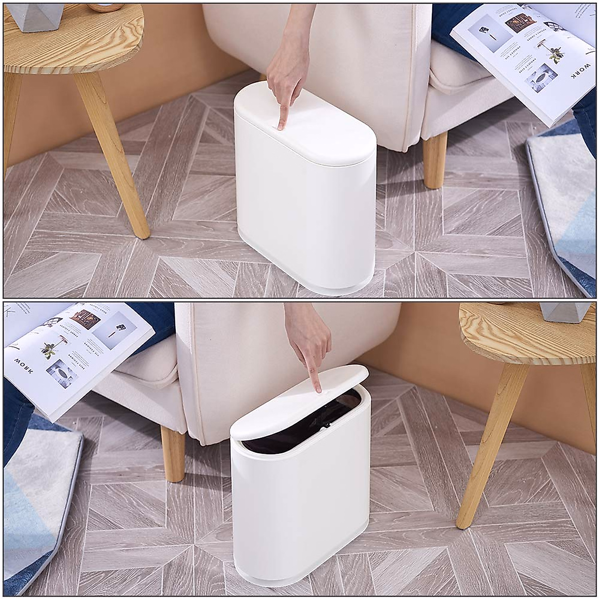 8 Liters / 2.6 Gallon Nordic Style Creative Spring Top Cover Type Pop Cover Waste Waste-Basket Plastic with lid Bathroom Kitchen Bedroom Office Oval Split Trash Can (White)