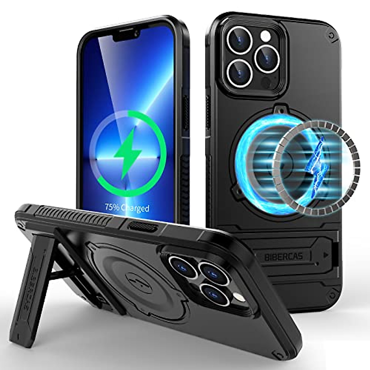 BIBERCAS iPhone 13 Pro Max Magsafe Case, Magnetic case 13 pro max with 3 Stand Way Kickstand,Support Wireless Charging,Military Grade Full Cover Protection, Iphone MagSafe Case for Men & Women (Black)