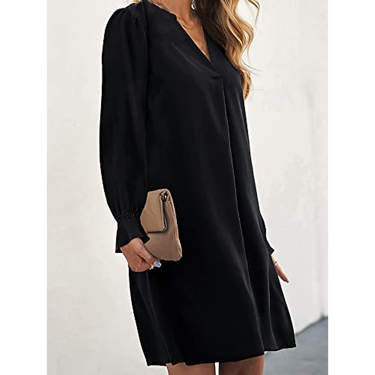 KINMIU Women's Long Sleeve V Neck Flowy Swing Shift Dress Slim Fit Cute Fall Autumn Dresses 2023 Trendy(Medium,Black)