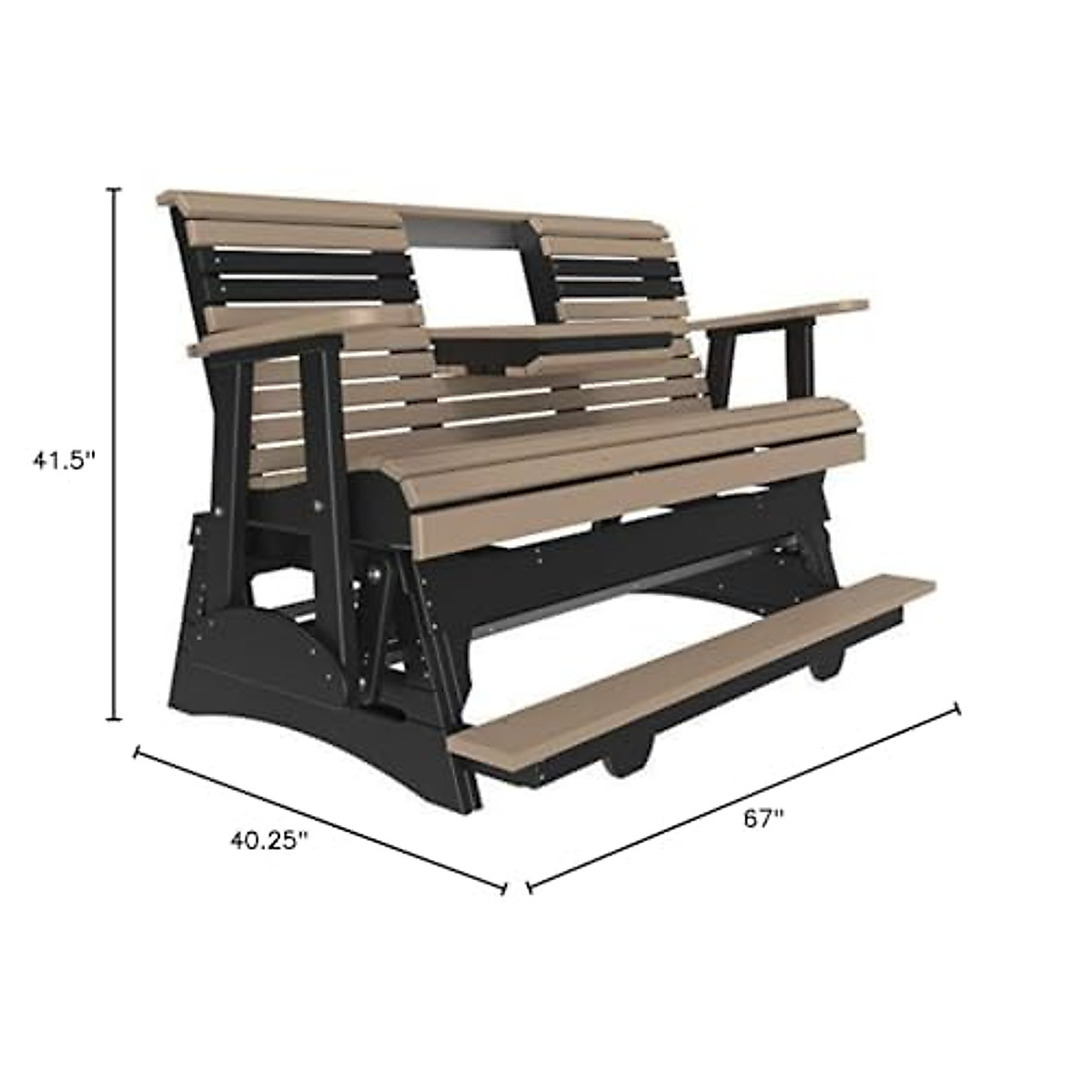 LuxCraft 5' Plain Poly Rollback Balcony Glider with Flip Down Center Console and Built-in Footrest, Seats Up to 3 (Weatherwood & Black)